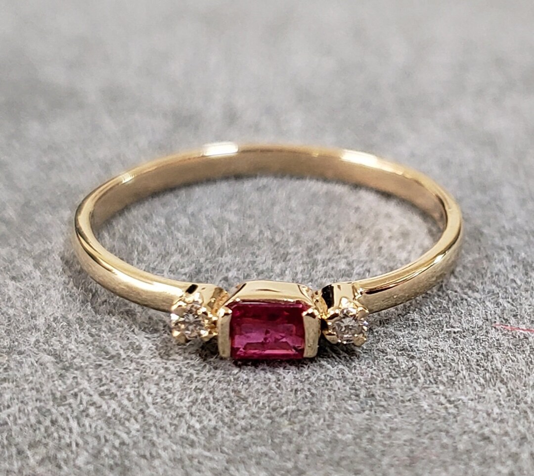 Baguette Ruby Diamond 14k Gold Ring: Handmade Stackable Birthstone - Etsy