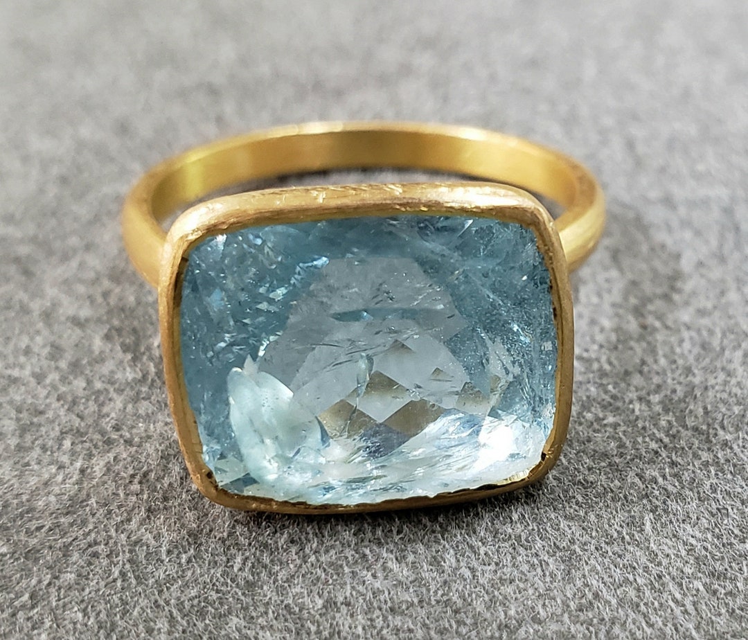 18k Yellow Gold Aquamarine Ring, Statement Ring, Gold Jewelry, Big ...