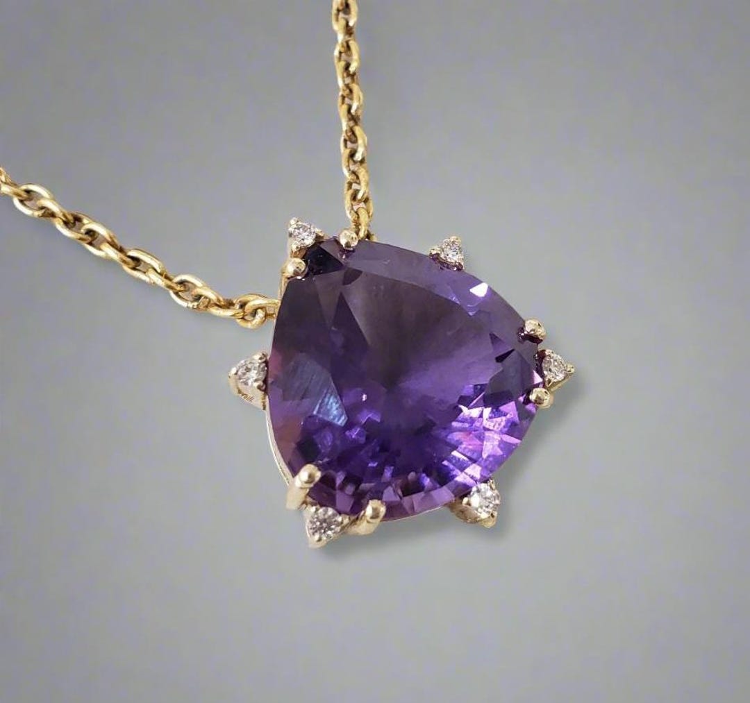14k Gold Trillion Amethyst Pendant With Diamond Accents - Etsy