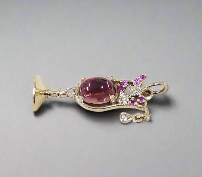 14k Gold Wine Goblet Pendant: Tourmaline, Ruby & Diamond Cocktail Glass ...