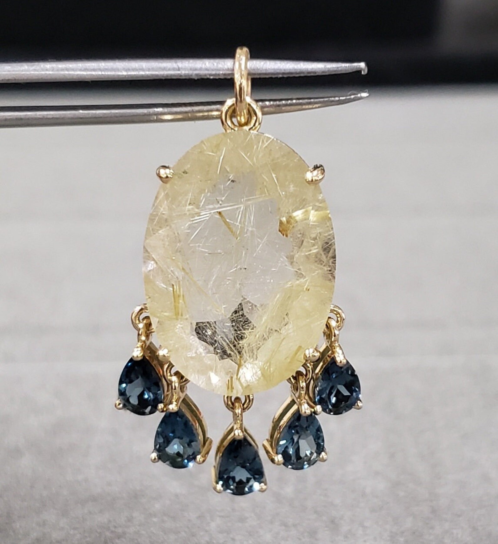 Handmade 14k Gold Rutile and London Blue Topaz Dangle Pendant - Etsy