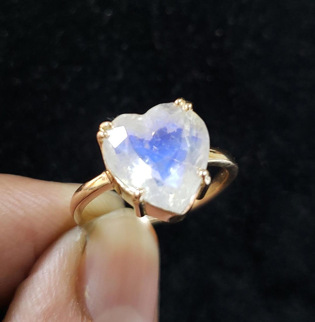 14k Gold Blue Schiller Rainbow Moonstone Ring, Heart Shape Moonstone ...