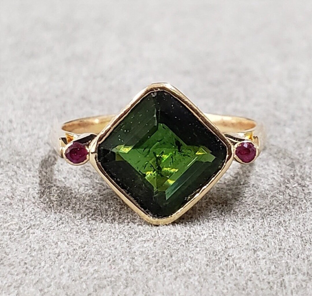 14k Gold Green Tourmaline With Ruby Ring for Women, Asscher Tourmaline ...