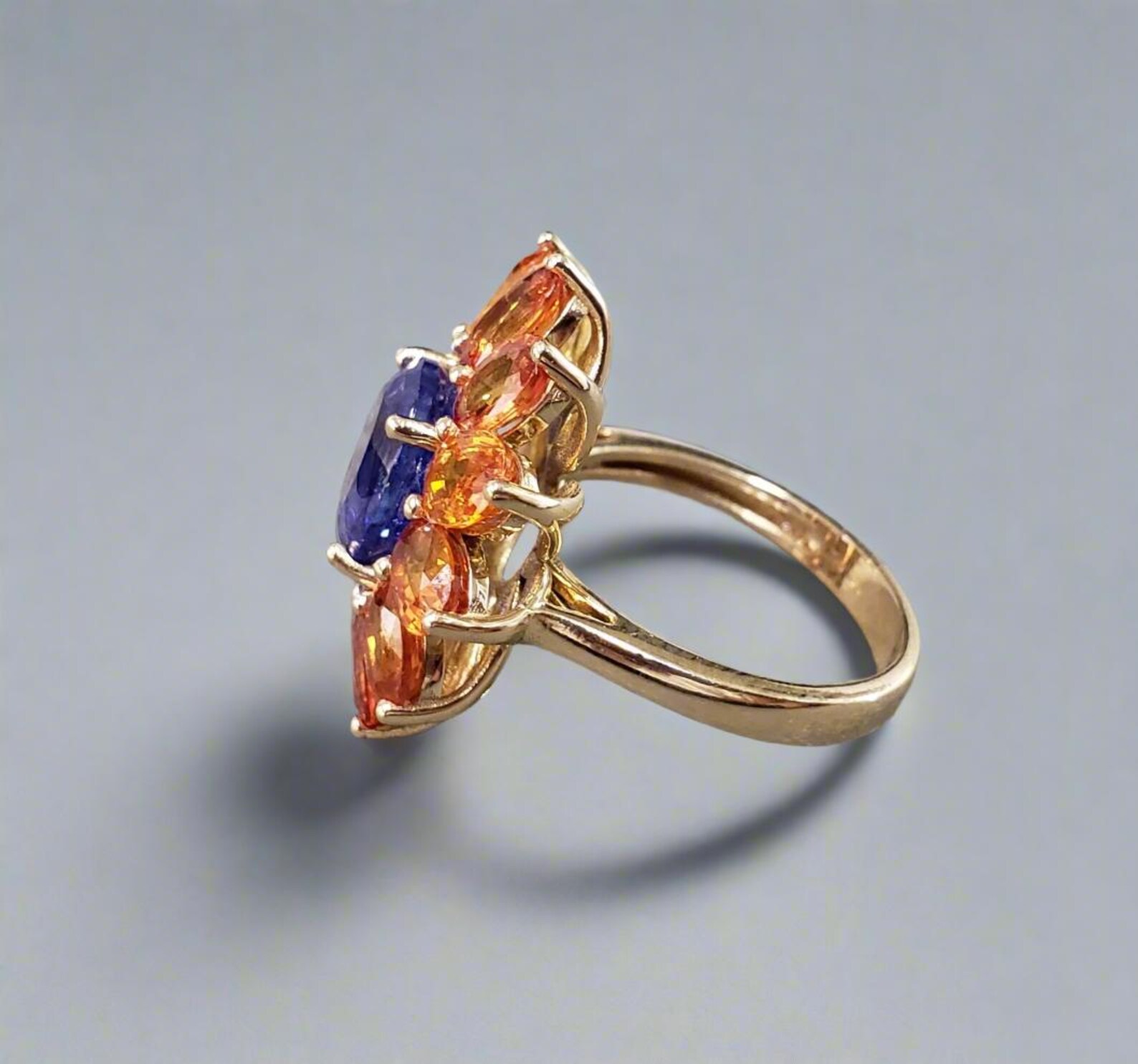 Orange Sapphire Tanzanite 14k Gold Ring: Floral Cluster Statement Ring ...