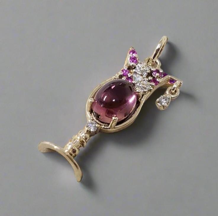 14k Gold Wine Goblet Pendant: Tourmaline, Ruby & Diamond Cocktail Glass ...
