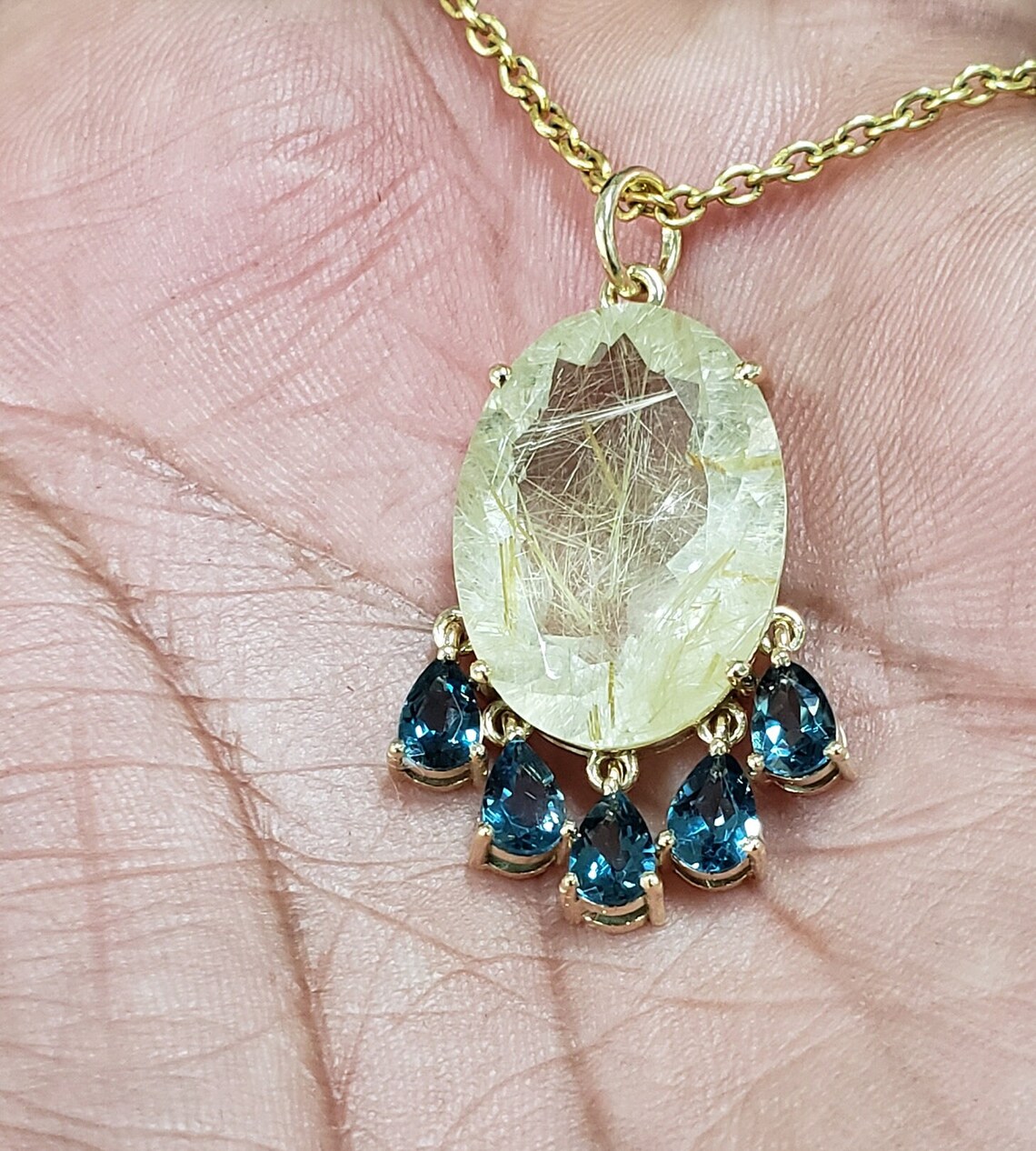 Handmade 14k Gold Rutile and London Blue Topaz Dangle Pendant - Etsy