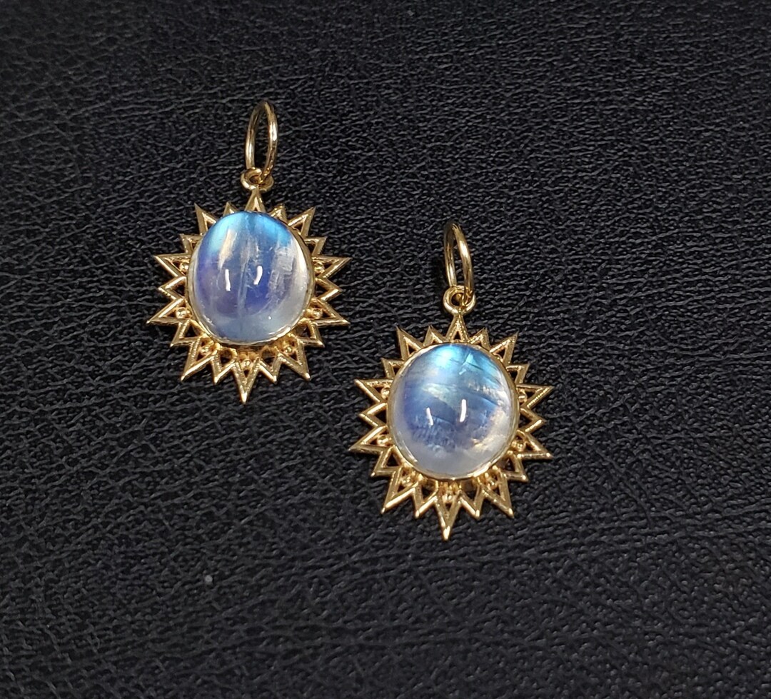 14k Gold Rainbow Moonstone Pendant, Natural Blue Flash, Inclusion Based ...