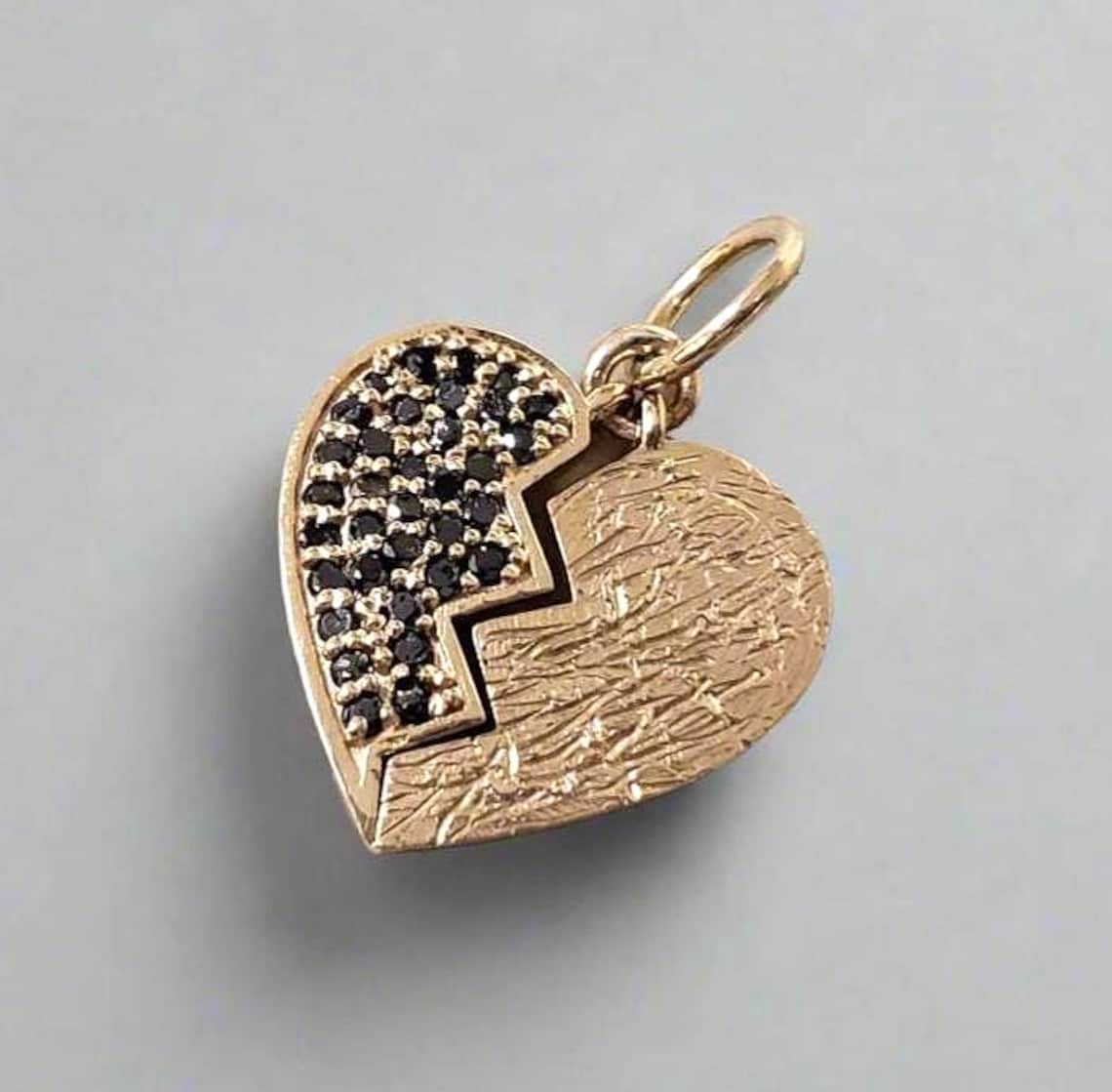 14k Gold Broken Heart Pendant: Black Diamond Accent, Modern Love ...
