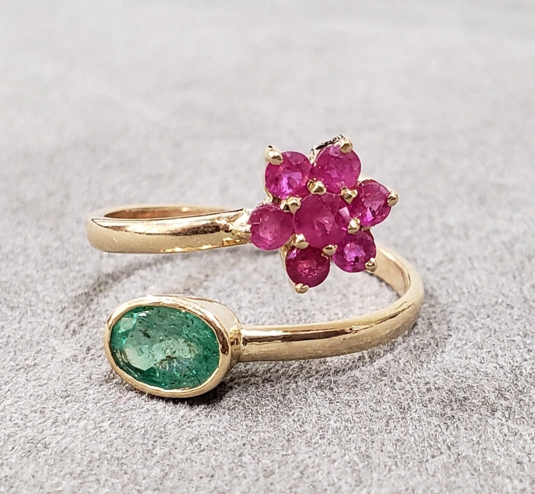 14k Gold Ruby Flower Ring With Zambian Emerald - Adjustable - Etsy