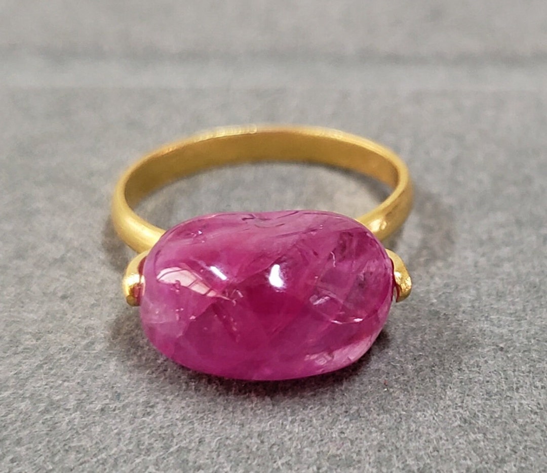 Natural Ruby Cabochon 18k Solid Gold Women Ring Drilled Ring - Etsy