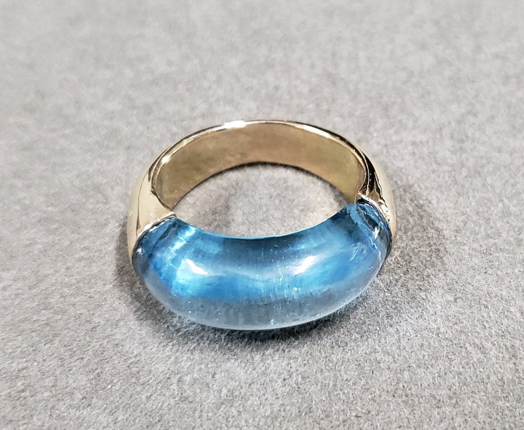 14k Gold Blue Topaz Ring, Transparent, Drilled Stone Ring, Blue Topaz ...