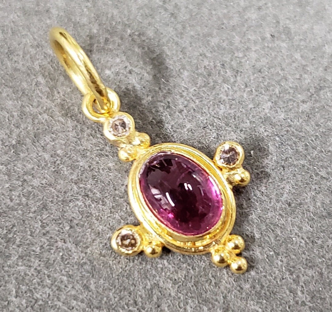 18k Gold Rubellite Cabochon With Diamond Pendant, Oval Shape, Gift for ...