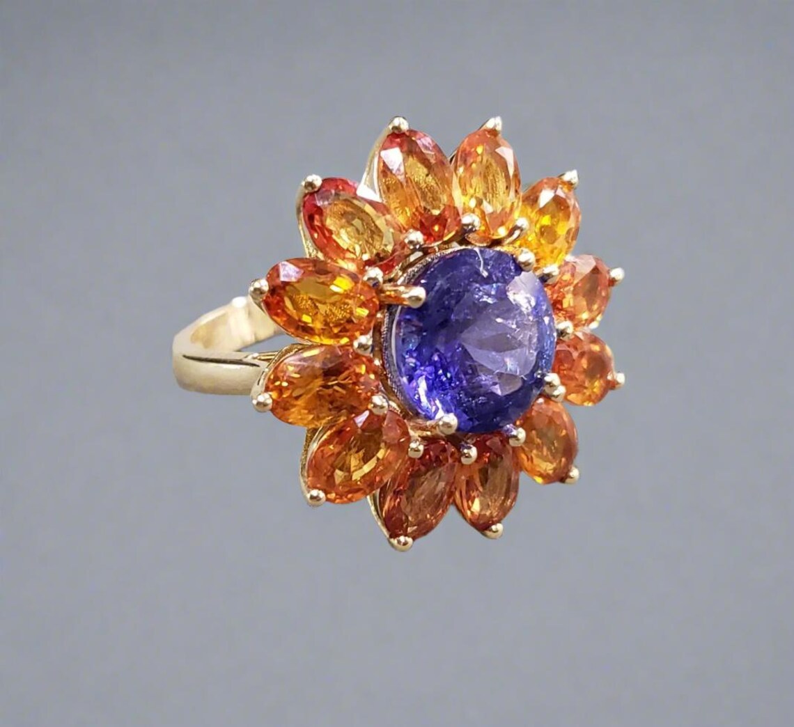 Orange Sapphire Tanzanite 14k Gold Ring: Floral Cluster Statement Ring ...
