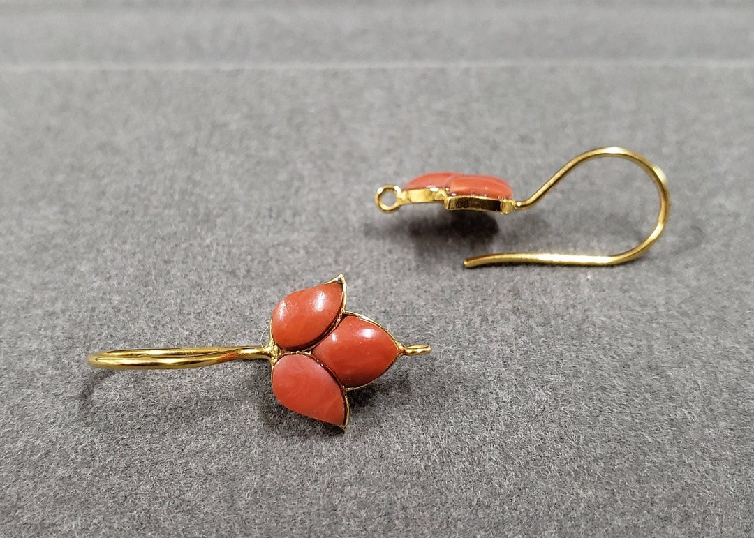 Italian Coral 14k Gold Earring, Leaf Cabochon Gold Earwire, Gift for ...