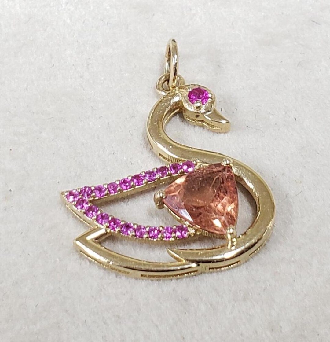 14k Gold Swan Pendant: Ruby Eyes, Tourmaline Center - Etsy