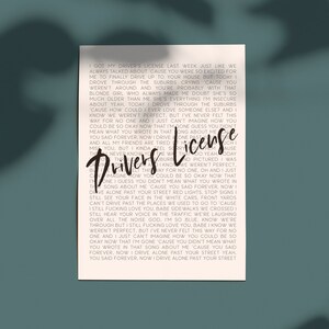 Drivers License Olivia Rodrigo Song Music Lyrics Printable Poster ...