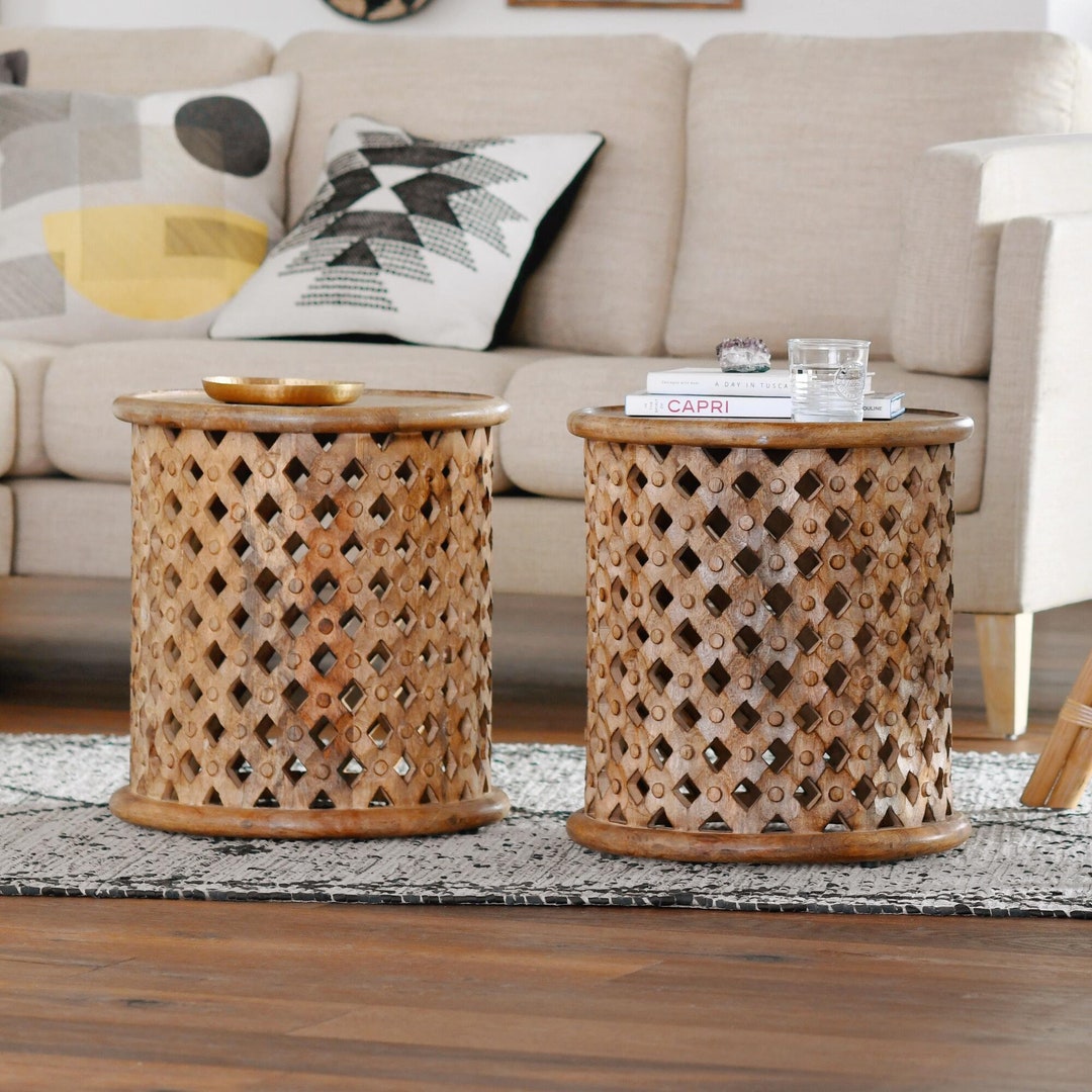 Handmade Solid Mango Wood Round Lattice Hand Carved Endtable | Round ...