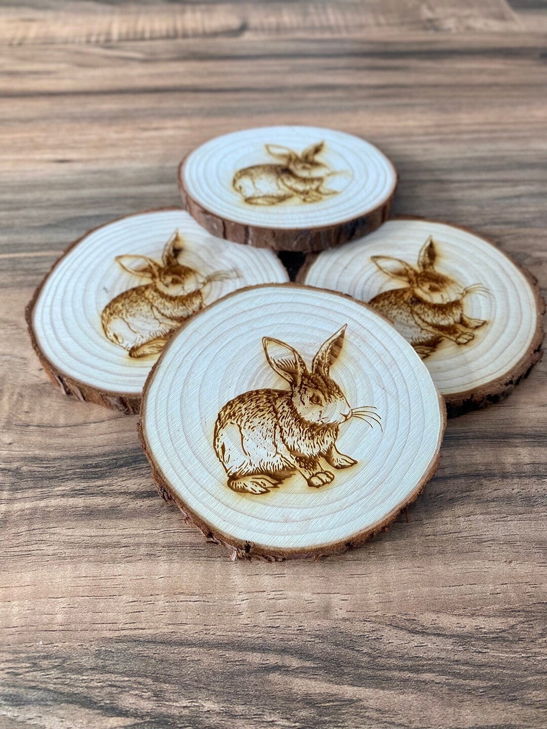 Rabbit Engraved Wood Coaster Set - Perfect Gift for Wedding, Engagement ...