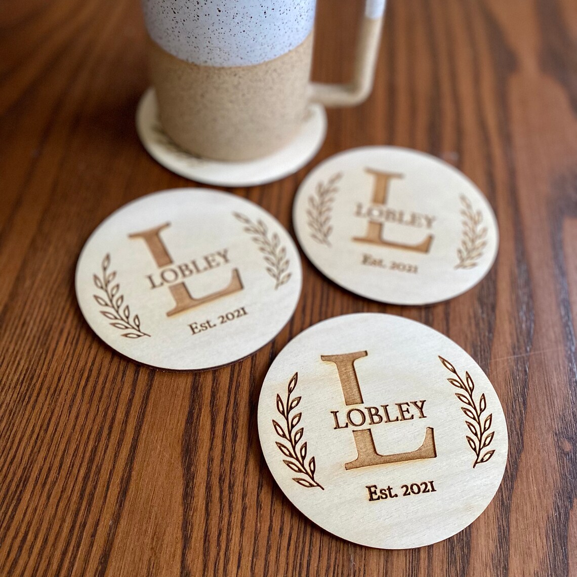 Engraved Monogram Wood Coaster Set - Engraved Wood Family Name Coasters ...