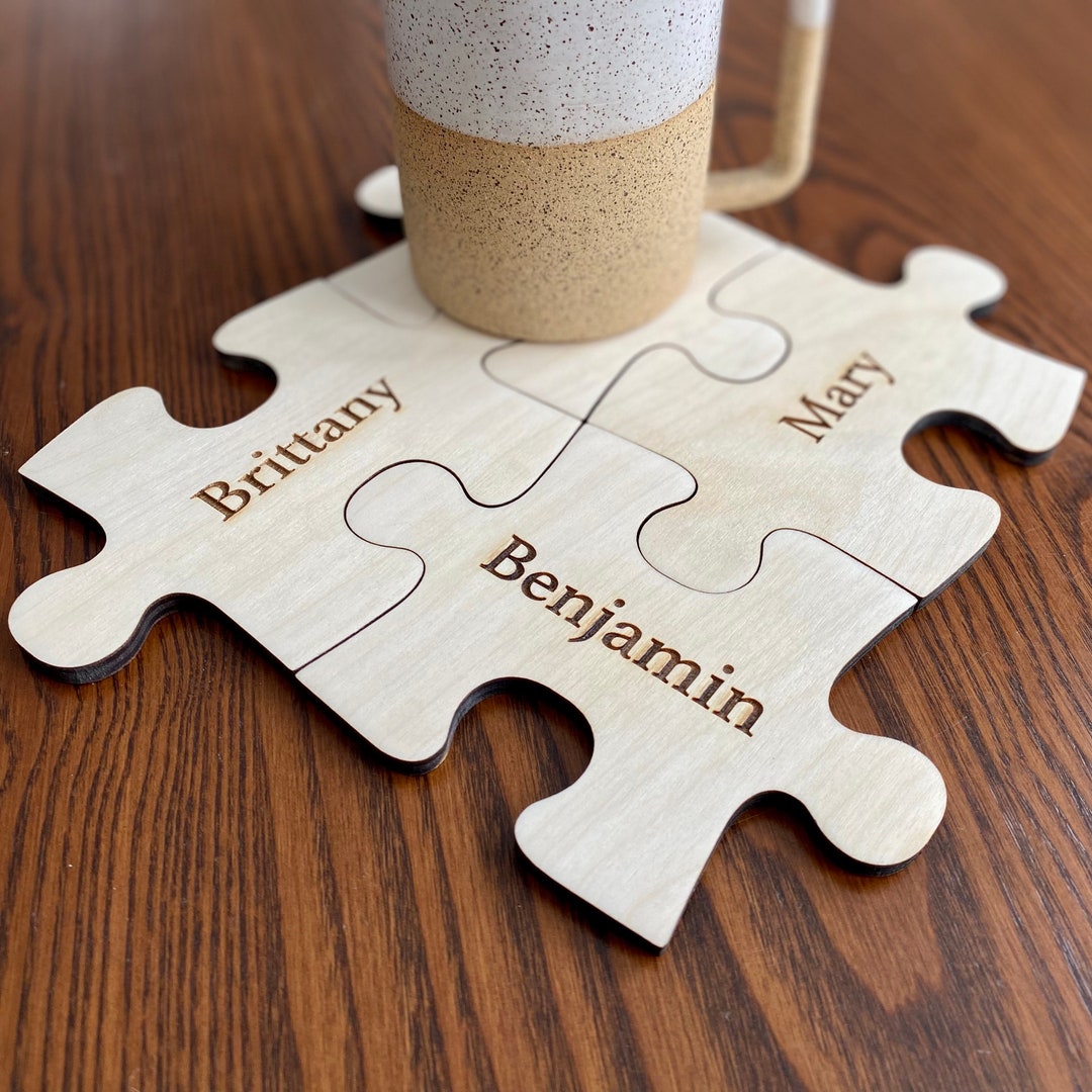 Wood Jigsaw Puzzle Coaster Set - Engraved Baltic Birch Name Coasters - Etsy