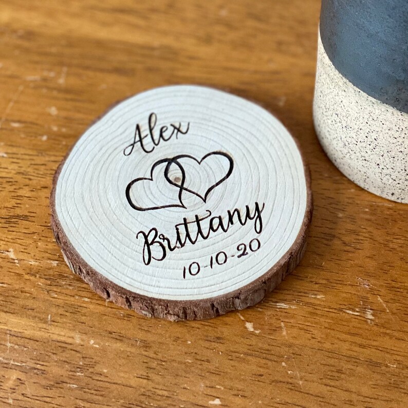 Custom Wood Slice Wedding Favors - Laser Engraved With Names, Heart ...