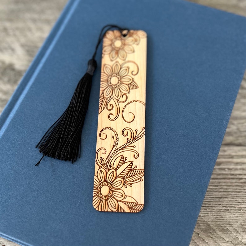 Engraved Floral Cherry Wood Bookmark: Handmade Wooden Gift - Etsy