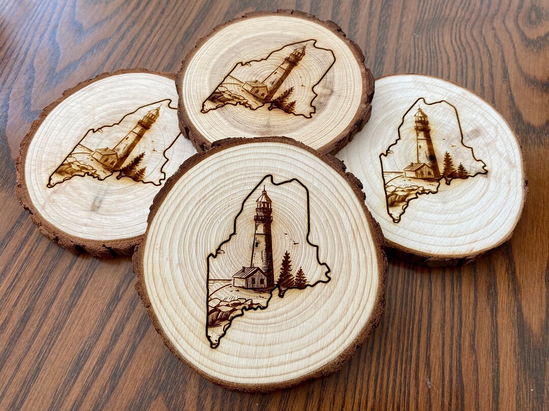 Maine Lighthouse Engraved Pine Wood Coaster Set - Etsy