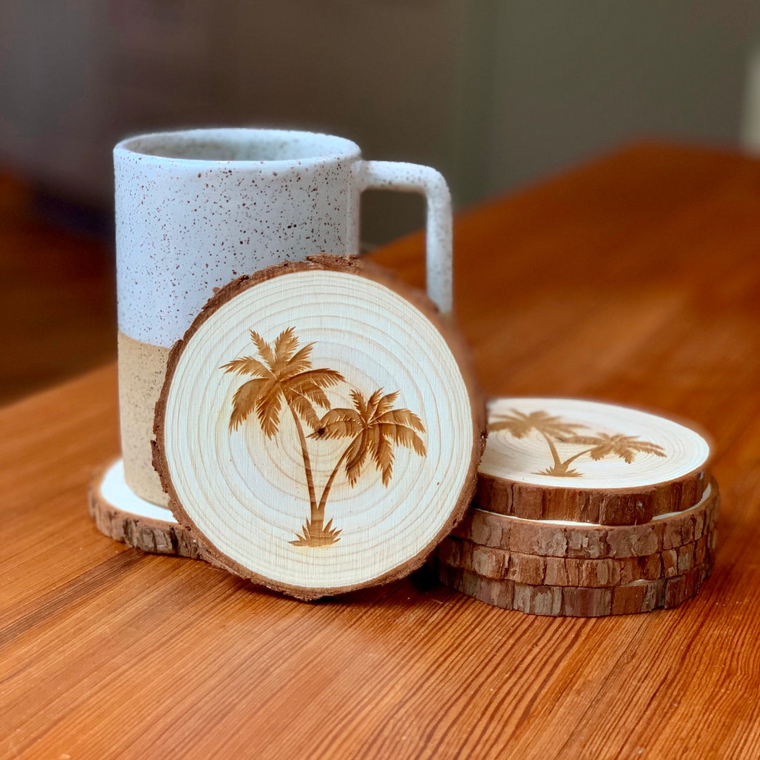 Palm Tree Engraved Wood Coaster Set: Tropical Home Decor - Etsy