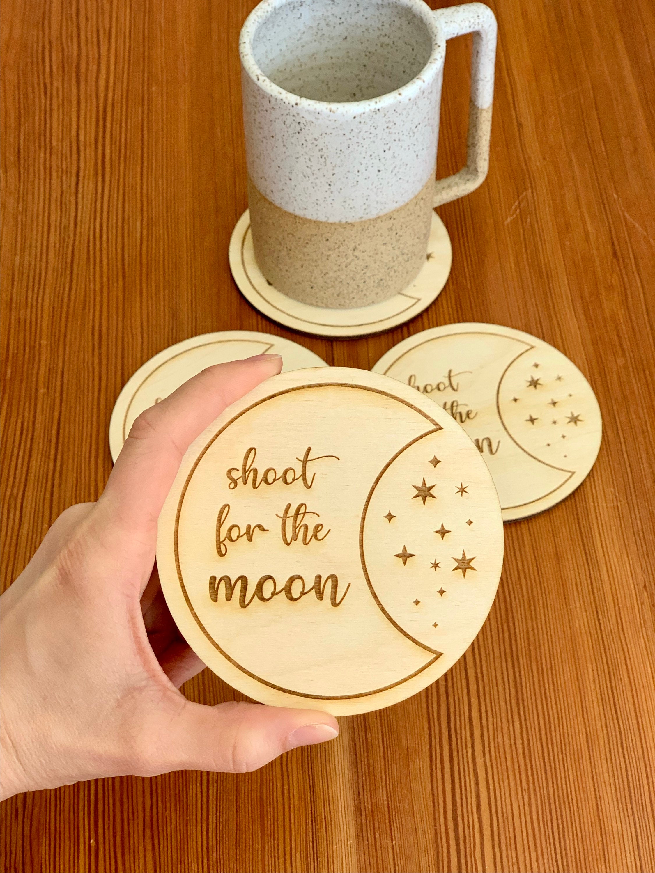 Wood Moon & Stars Coaster Set - Engraved Wood Coasters - Housewarming ...