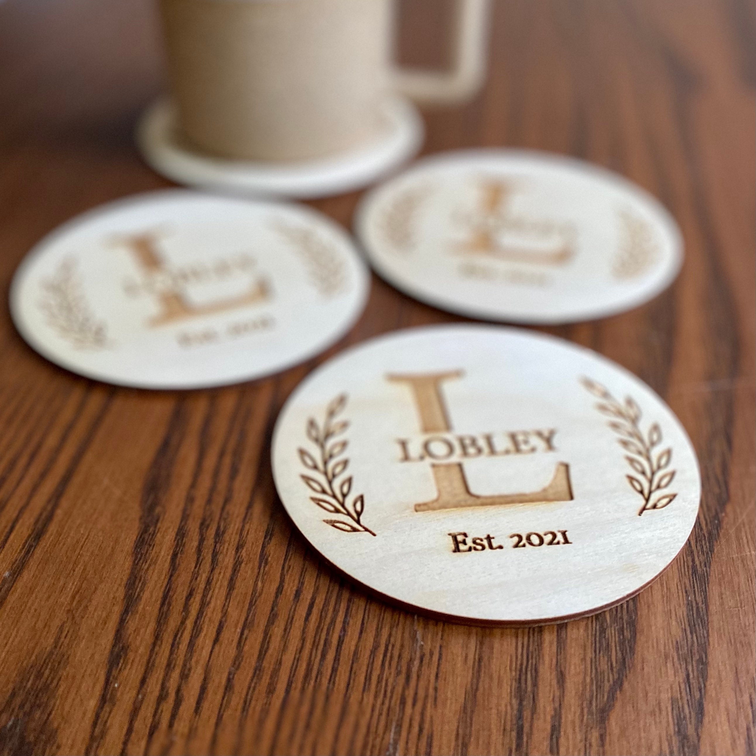 Engraved Monogram Wood Coaster Set - Engraved Wood Family Name Coasters ...