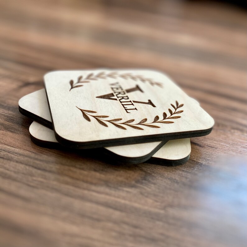 Engraved Wood Coaster Set: Personalized Family Name Monogram - Etsy