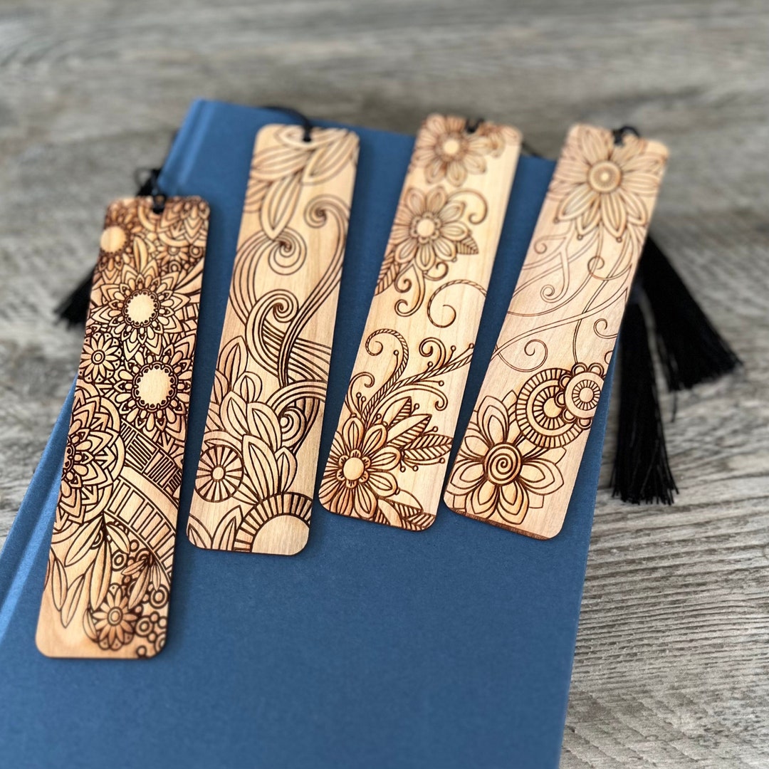 Engraved Floral Cherry Wood Bookmark: Handmade Wooden Gift - Etsy