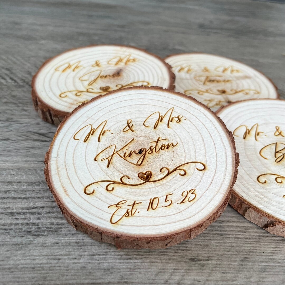 Custom Wood Slice Wedding Favors - Laser Engraved With Couple's Names ...