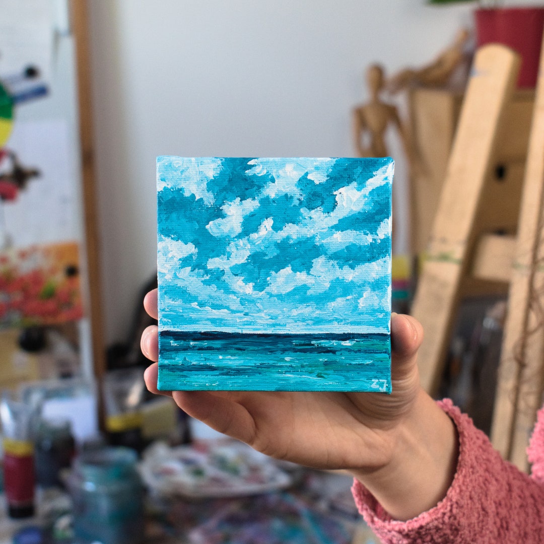 Mini Seascape 4x4 Acrylic Painting, Original Miniature Sea Painting ...