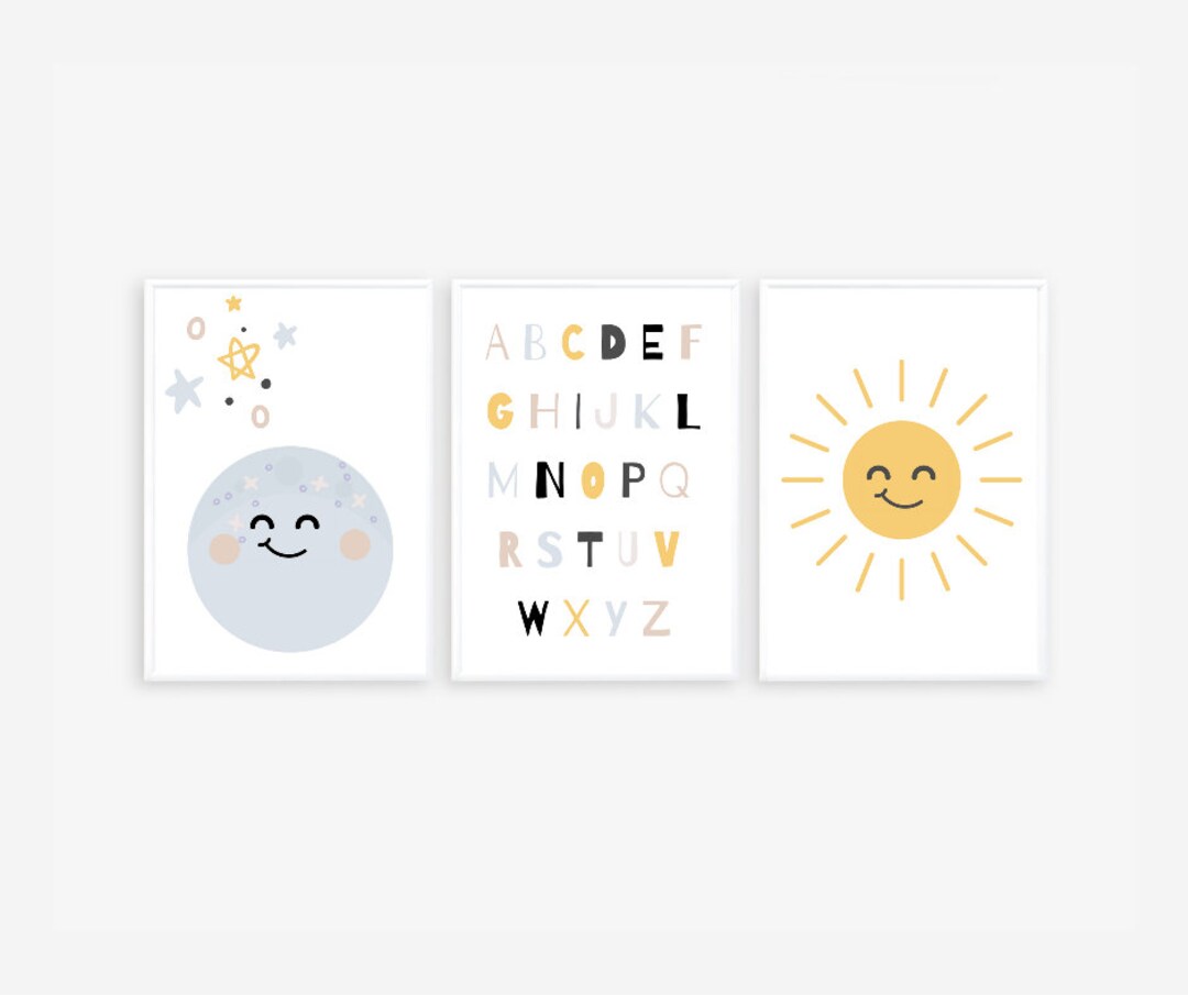 Alphabet Print for Nursery, Sun and Moon Nursery Print, Set of 3 ...