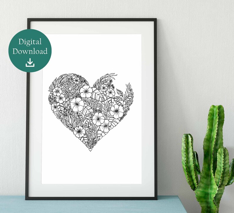 Heart Wall Print, Modern Digital Download, Floral Art, Home Decor ...