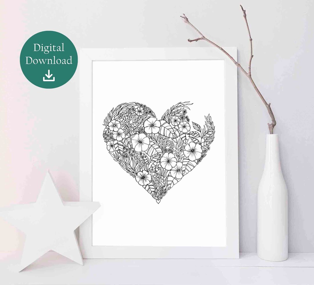 Heart Wall Print, Modern Digital Download, Floral Art, Home Decor ...