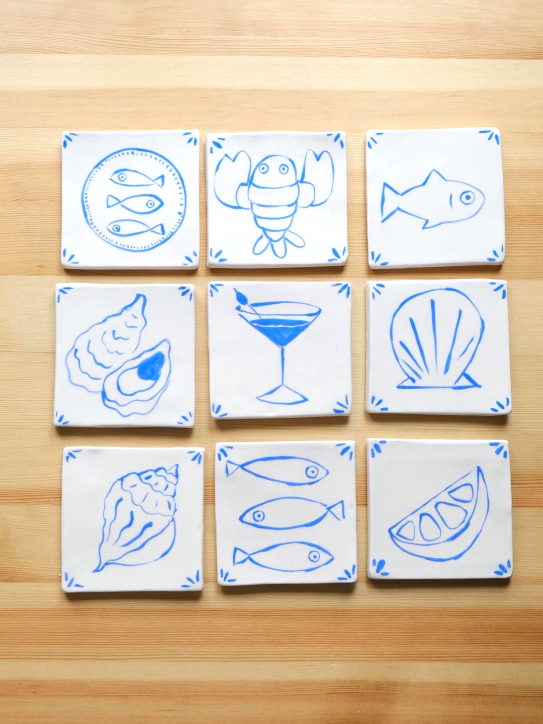 Handmade Ceramic Tile Set: Blue & White Nautical Coastal Decor - Etsy