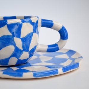 Blue Checkered Mug & Saucer Set Handmade Ceramic Unique Coffee Cup ...