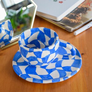 Blue Checkered Mug & Saucer Set Handmade Ceramic Unique Coffee Cup ...