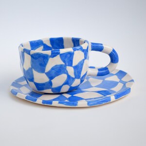 Blue Checkered Mug & Saucer Set Handmade Ceramic Unique Coffee Cup ...