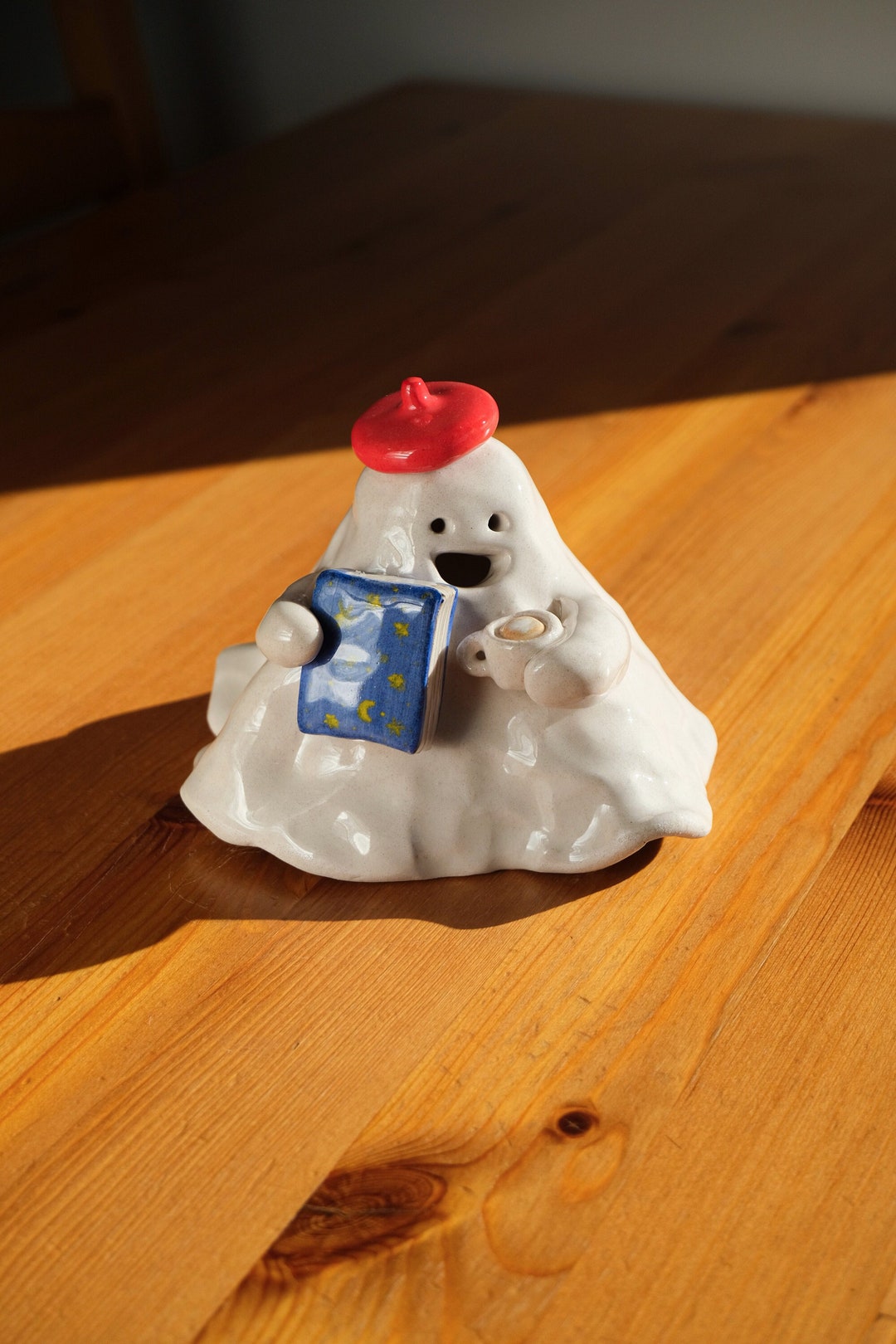 Red Beret Bookworm Ghost Ceramic Incense Burner Handmade Cute Ornament ...