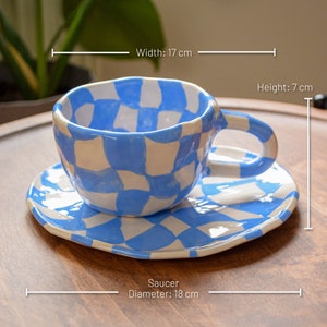 Light Blue Checkered Mug Saucer Set Handmade Ceramic Unique Coffee Cup ...