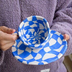 Blue Checkered Mug & Saucer Set Handmade Ceramic Unique Coffee Cup ...