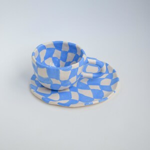 Light Blue Checkered Mug Saucer Set Handmade Ceramic Unique Coffee Cup ...