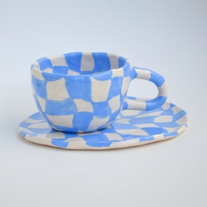 Light Blue Checkered Mug Saucer Set Handmade Ceramic Unique Coffee Cup ...