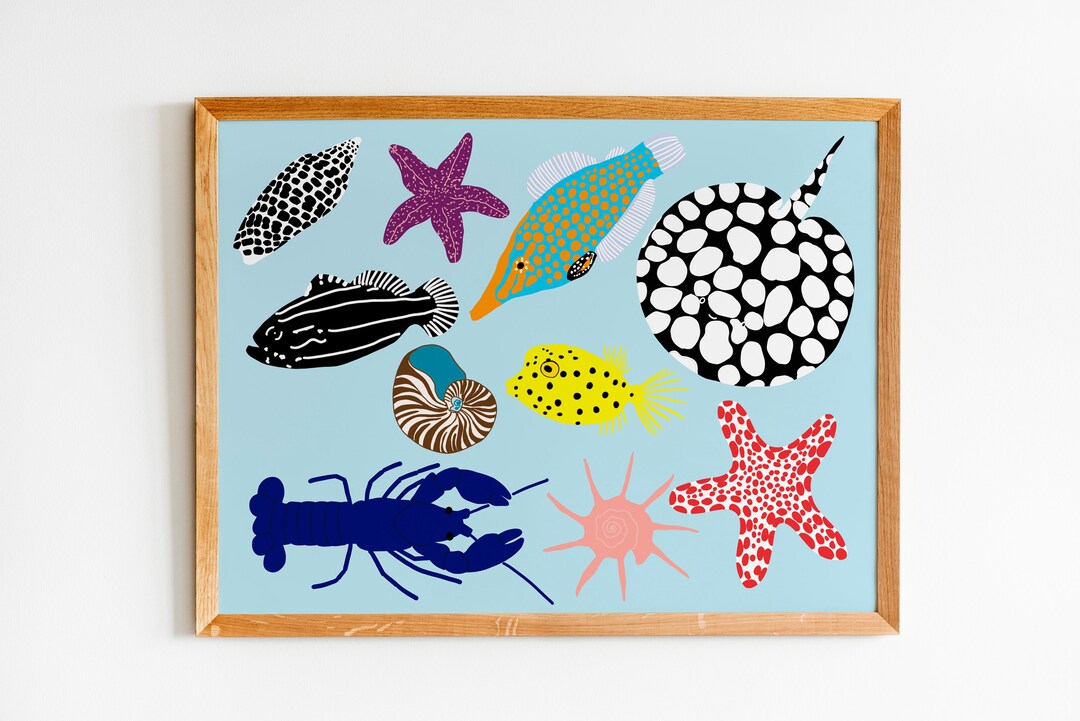 Digital Download Colorful Sea Creatures Printable Art Home Decor Beach ...