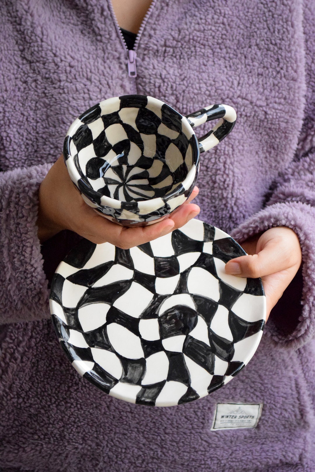 Black Checkered Mug Saucer Set Handmade Ceramic Unique Coffee Cup ...