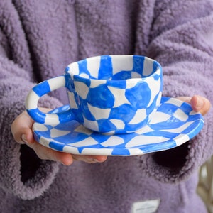 Blue Checkered Mug & Saucer Set Handmade Ceramic Unique Coffee Cup ...