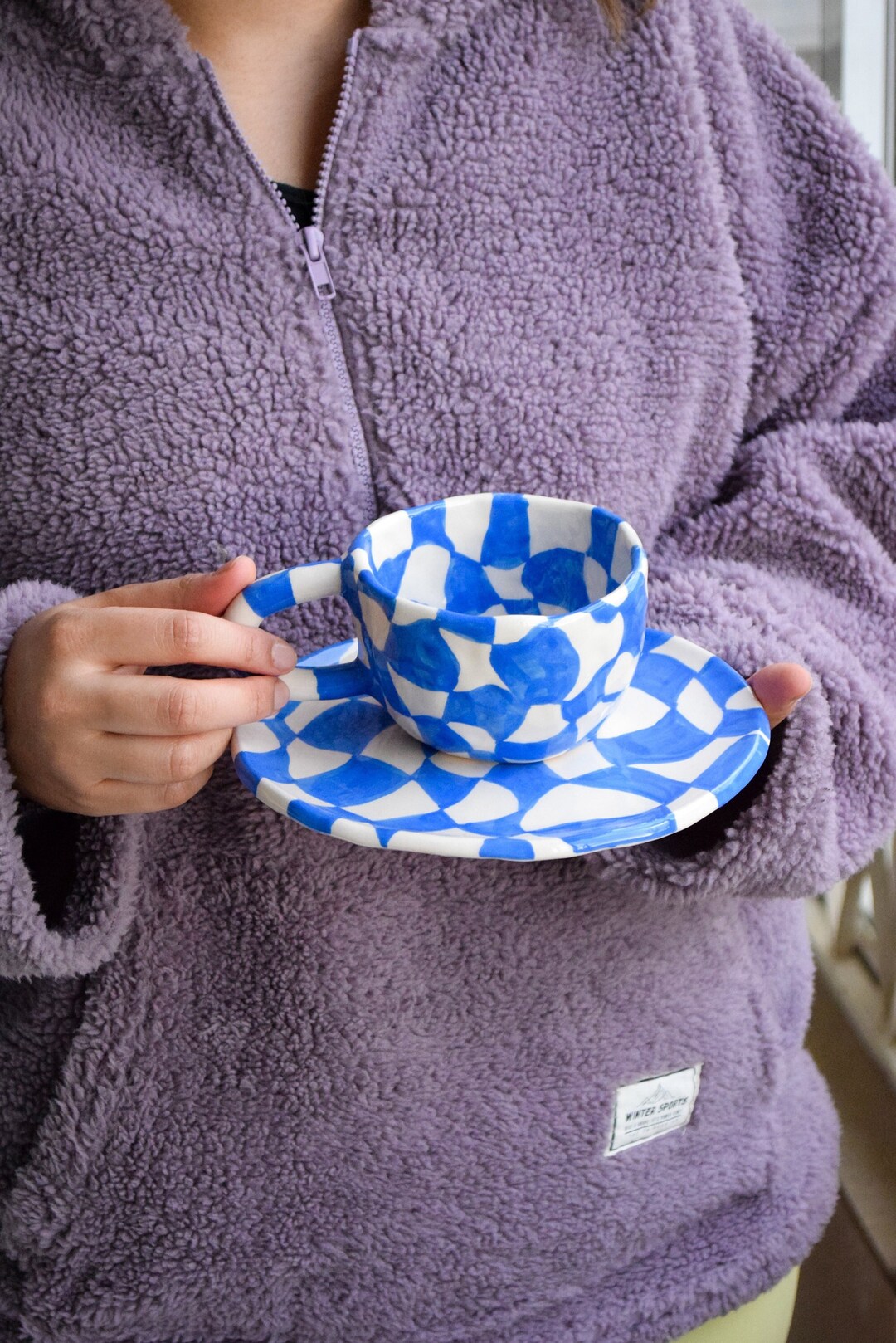Blue Checkered Mug & Saucer Set Handmade Ceramic Unique Coffee Cup ...